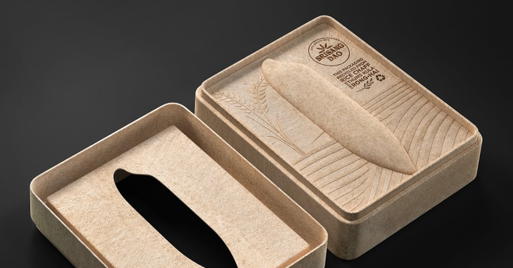 Srisangdao die-forms chaff into box for rice and reuse as tissue box ...