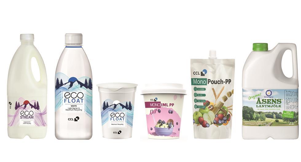 Recyclable label, sleeve, pouch and lid portfolio for dairy packs ...